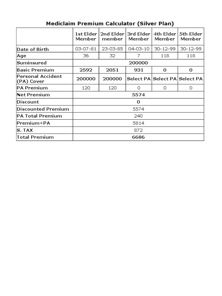 Mediclaim Premium Calculator (Silver Plan) | PDF