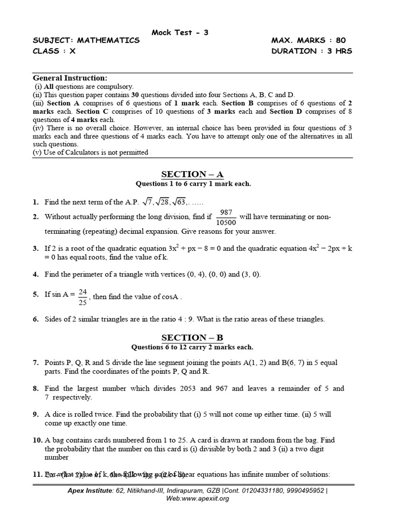 Maths Class X Sample Paper 03 For Board Exam 2019 PDF | PDF | Geometry ...