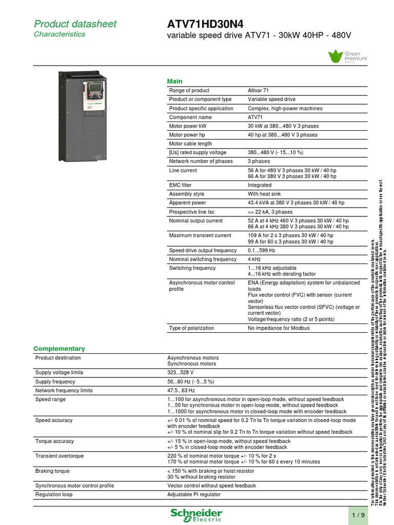 ATV71HD30N4: Product Datasheet | PDF | Power Supply | Relay