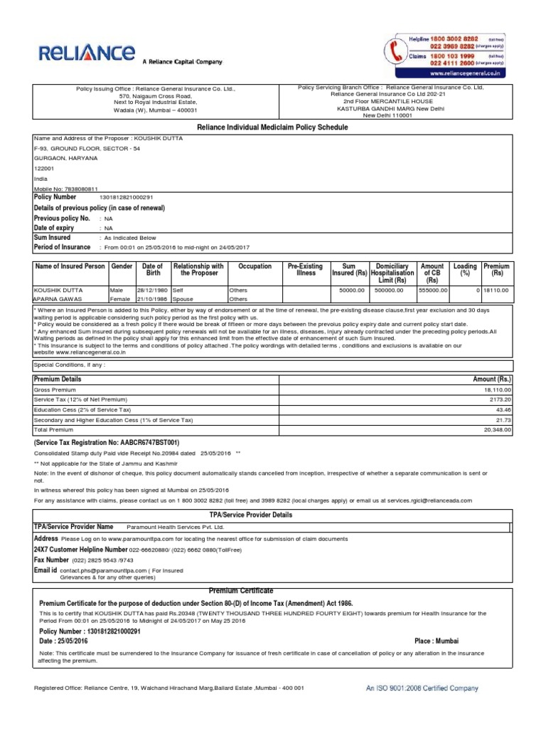 Reliance Individual Mediclaim Policy Schedule | PDF | Insurance | Payments