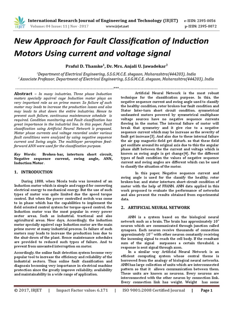 New Approach For Fault Classification Of Induction Motors Using Current And Voltage Signal Pdf