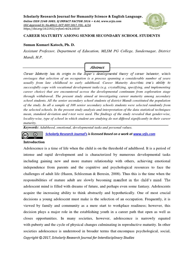 Career Maturity Among Senior Secondary School Students | PDF ...