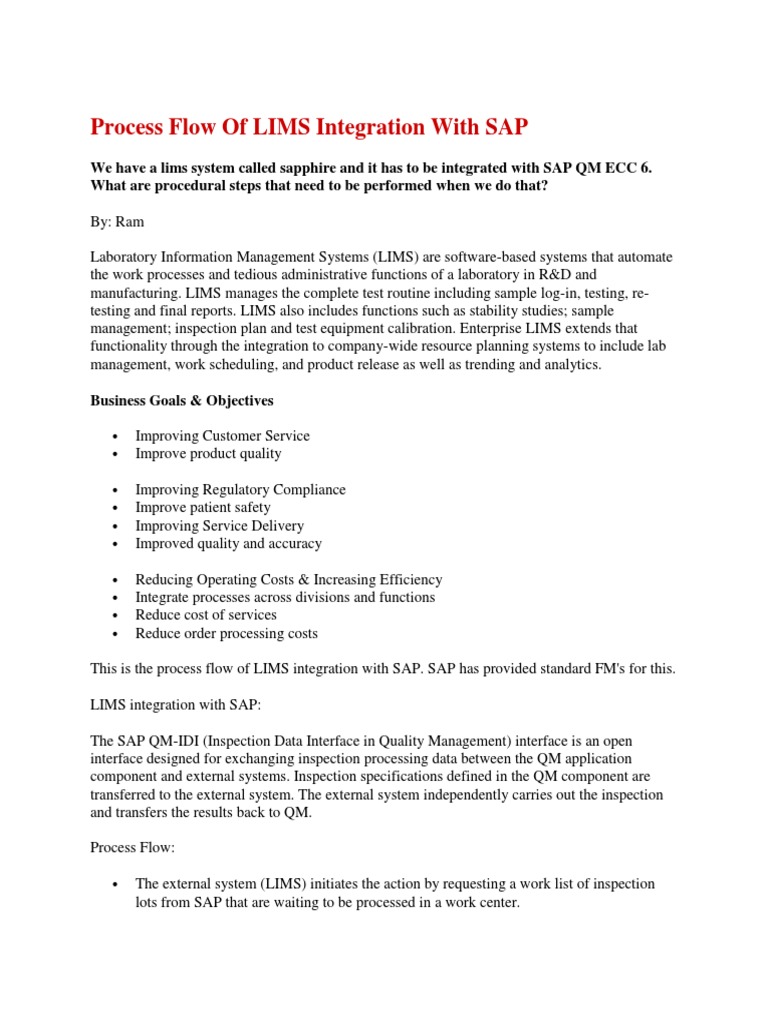 Process Flow Of Lims Integration With Sap Pdf Information Management Science And Technology