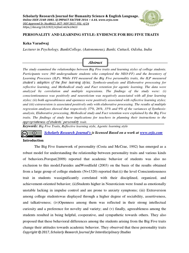 Personality and Learning Style: Evidence For Big Five Traits | PDF ...