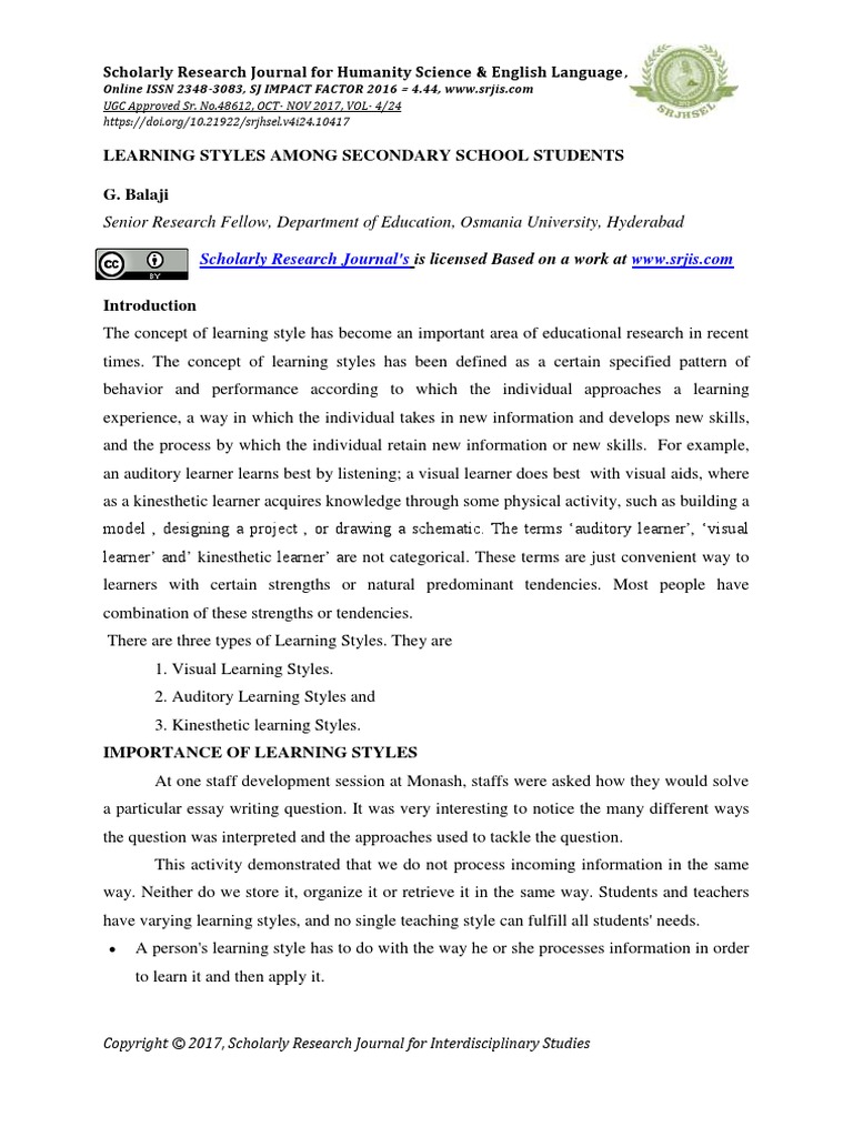 Learning Styles Among Secondary School Students | PDF | P Value ...