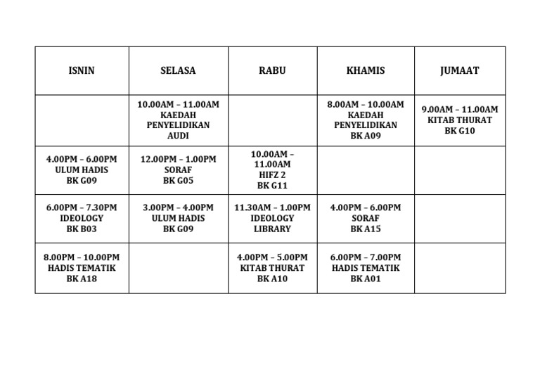 Jadual Sem 5 | PDF