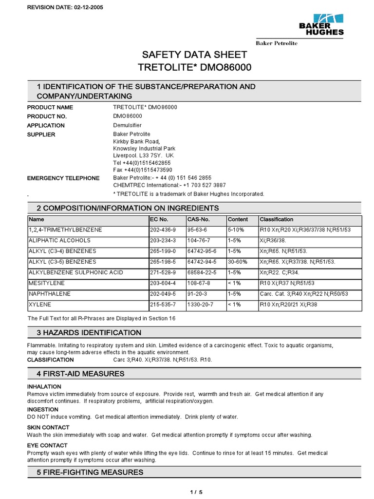 Safety Data Sheet for Tretolite DMO86000 Demulsifier | PDF | Carbon ...