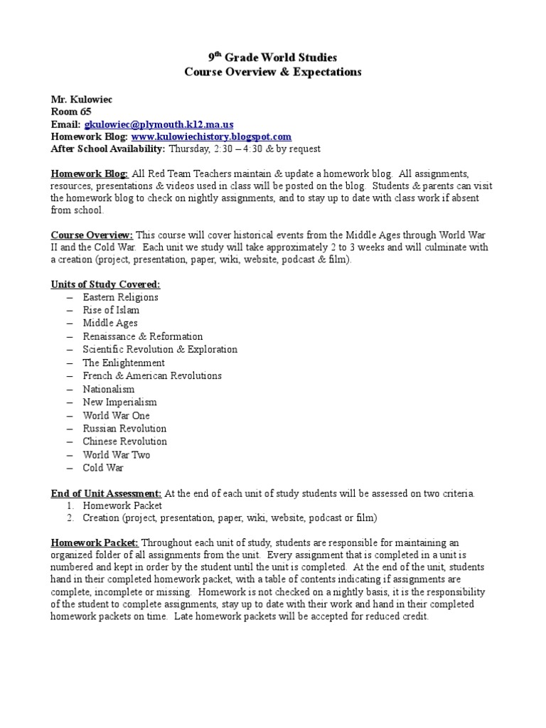 9th Grade World Studies Overview | PDF | Homework | Cognition