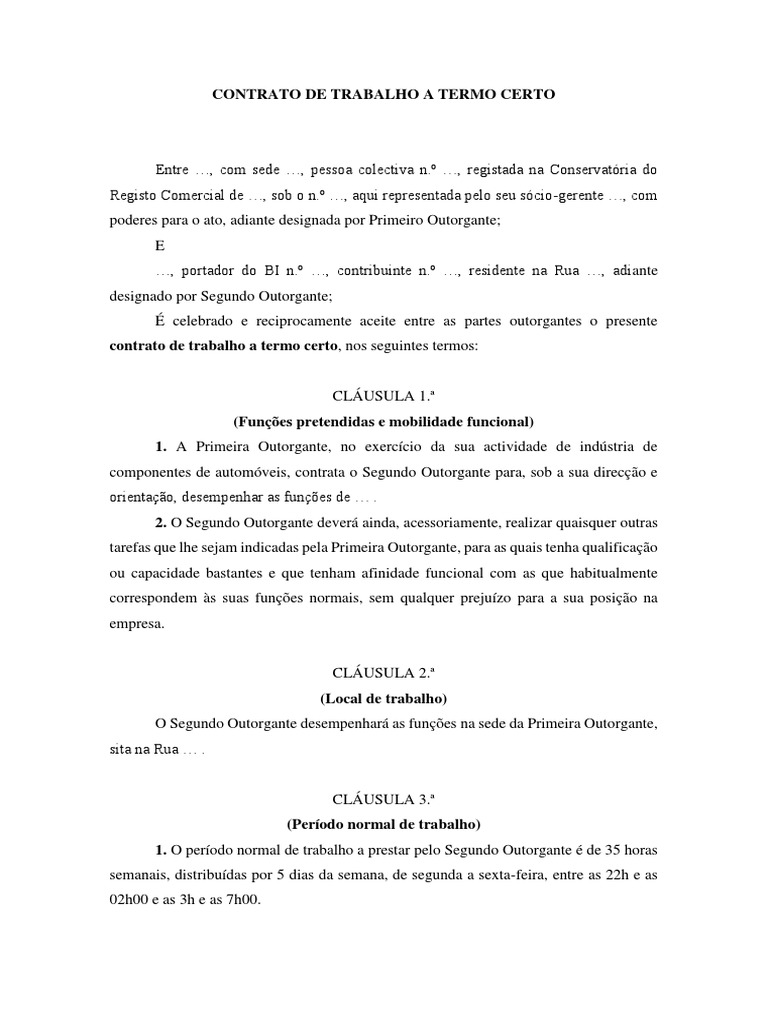 Contrato de Trabalho A Termo Certo | PDF | Férias trabalhistas | Trabalho