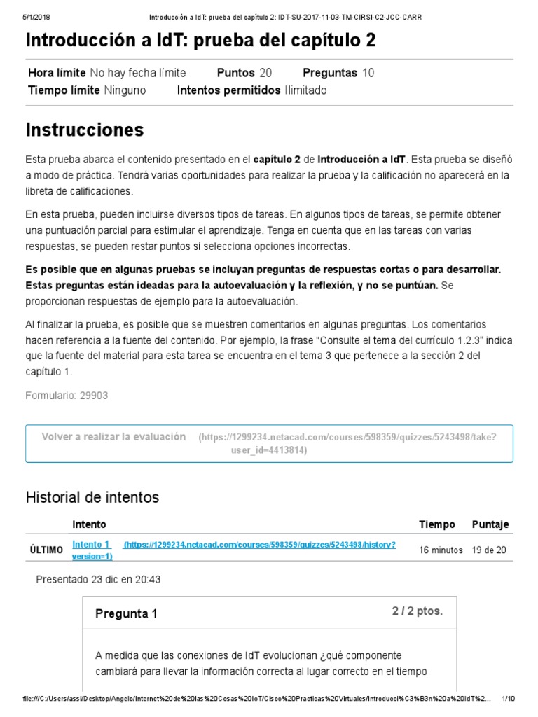 Introducción A IdT - Prueba Del Capítulo 2 - IDT SU 2017-11-03 TM CIRSI C2 JCC CARR | PDF ...