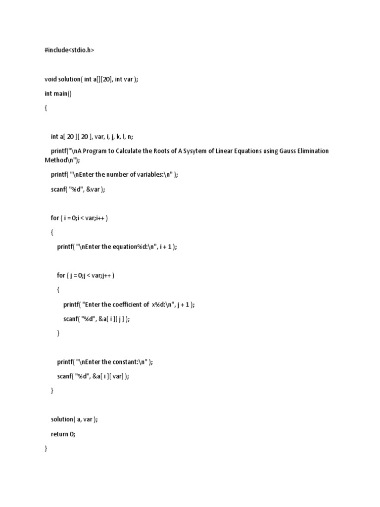C Program For Gauss Elimination Method | PDF
