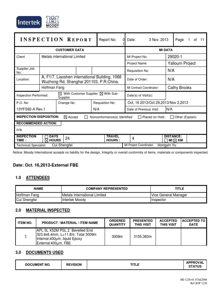 API 5L Inspection Report | Pipe (Fluid Conveyance) | Humidity | Free 30 ...