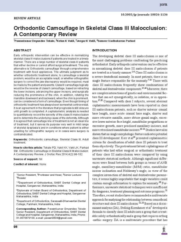 Orthodontic Camouflage in Skeletal Class III Malocclusion A ...