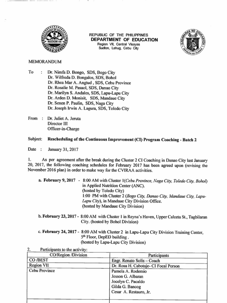 Jan 31, Rescheduling CI Regional Memo | PDF