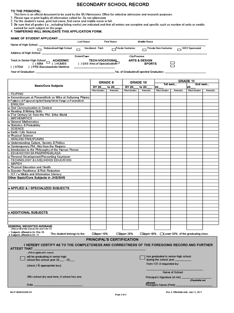 BUCET Application Form Back Page | Students | Quality Of Life