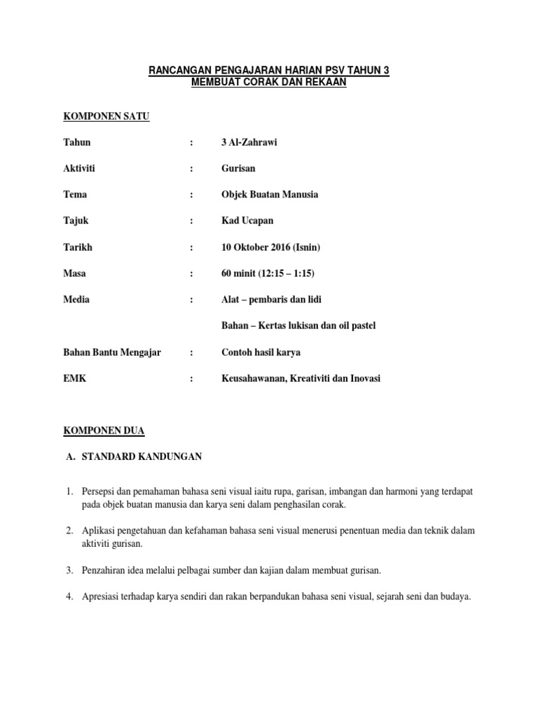 RPH PSV Tahun 3 Minggu 11 (Gurisan) | PDF