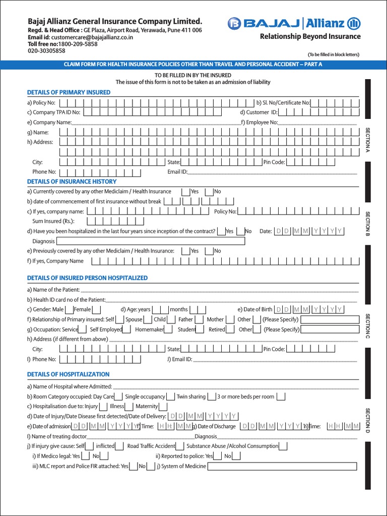 Bajaj Allianz Health Insurance Claim Form | PDF | Cheque | Payments