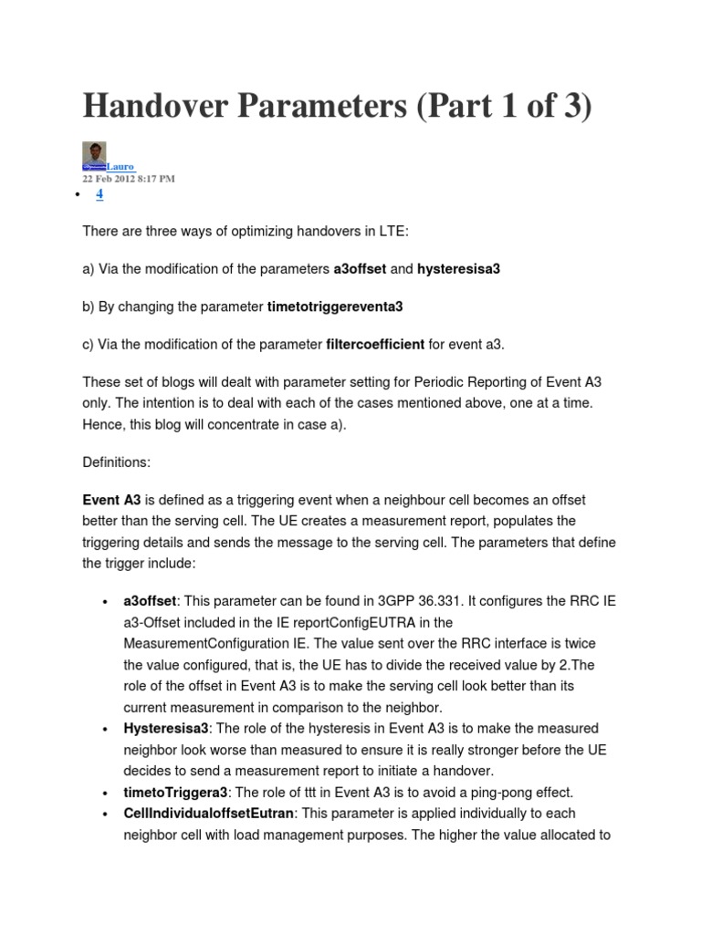 Handover Parameters (Part 1 of 3) : Lauro | PDF | Telecommunications | Electrical Engineering