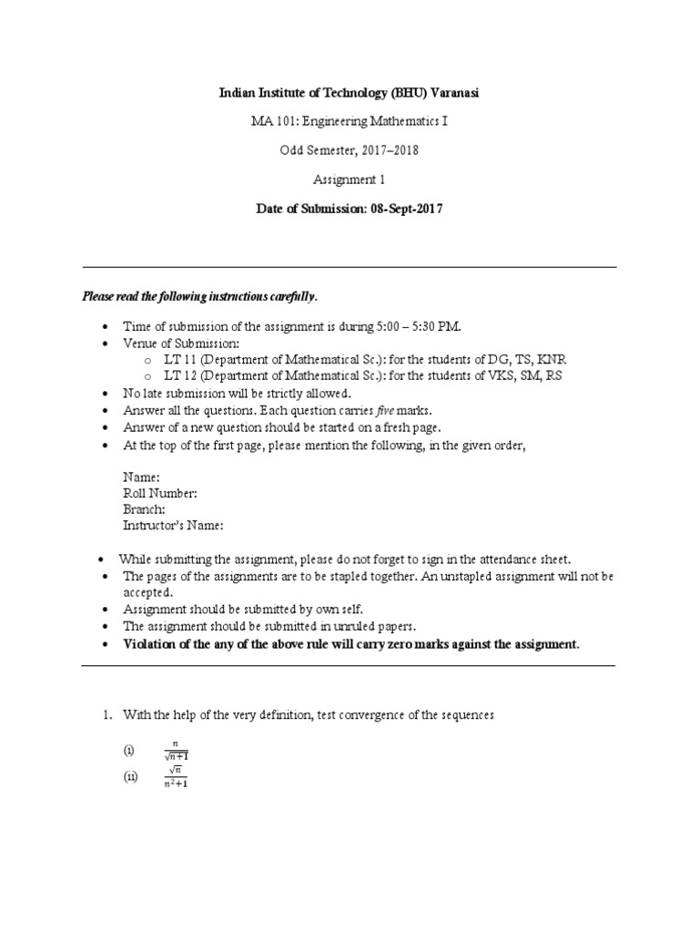 MA 101 Assignment 1 | PDF