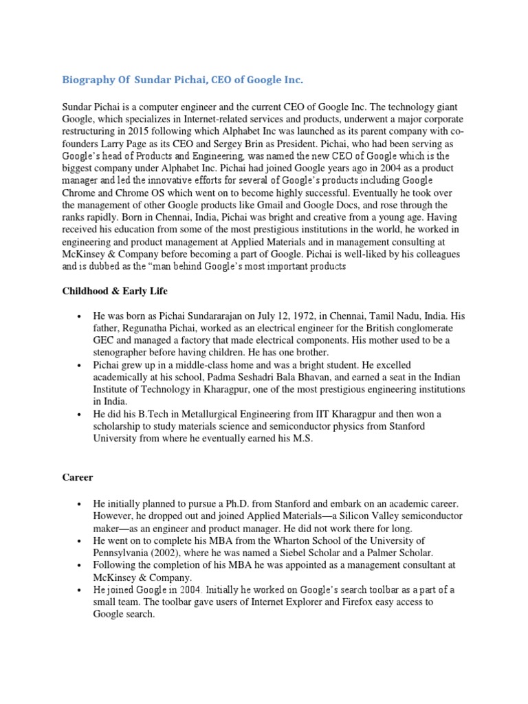Biography of Sundar Pichai | PDF | Alphabet Inc. | Information ...