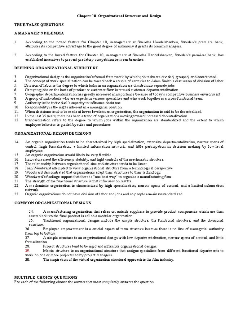 RC - Ch10 Organization - No Answer | PDF | Organizational Structure | Strategic Management