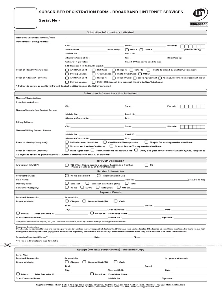 Subscriber Registration Form.pdf | Voice Over Ip | Internet Access