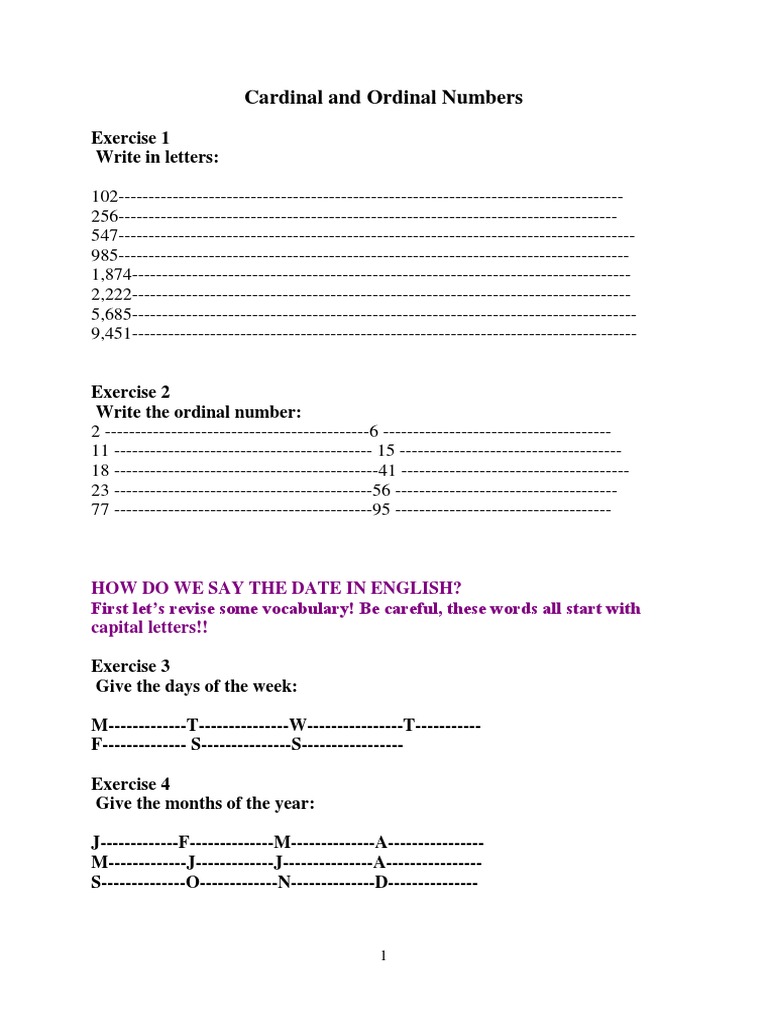Cardinal and Ordinal Numbers Exercises