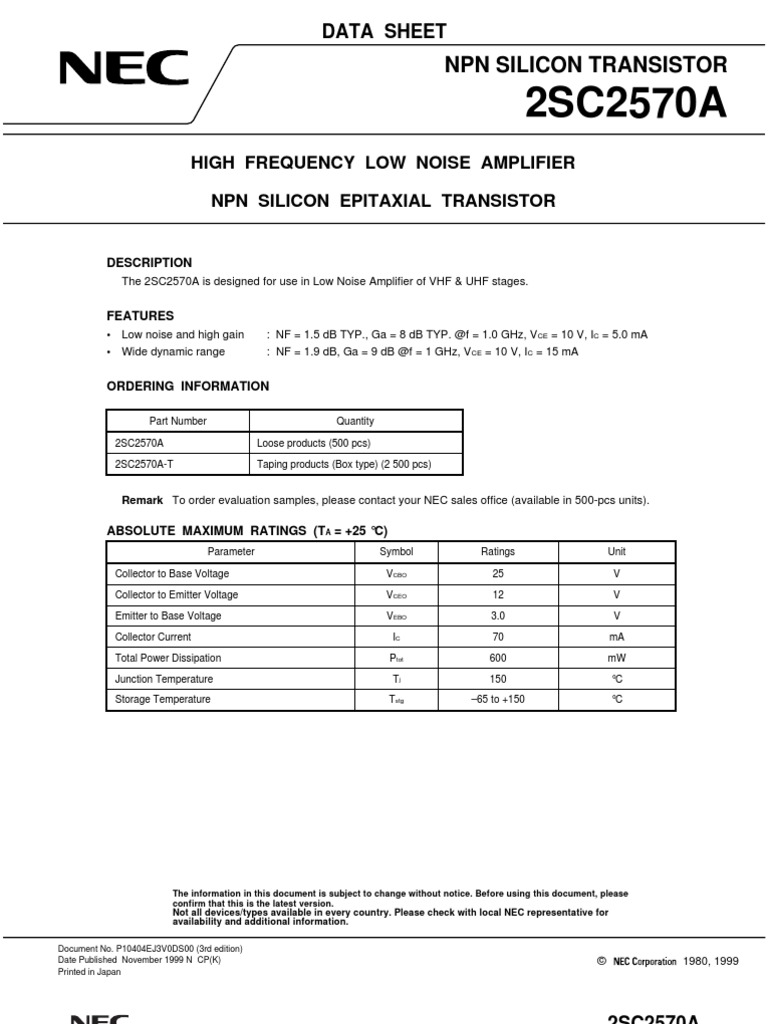 2SC2570 A | PDF | Bipolar Junction Transistor | Electrical Components