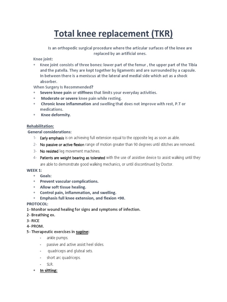 Total Knee Replacement (TKR) : Rehabilitation: General Considerations ...