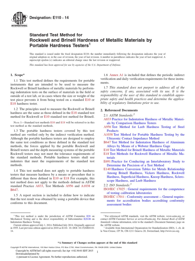Astm e 110 2014 | PDF | Hardness | Software Testing