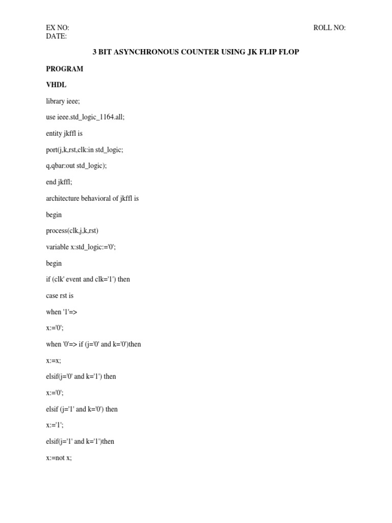 3 Bit Asynchronous Counter Using JK Flip Flop: Program VHDL | PDF