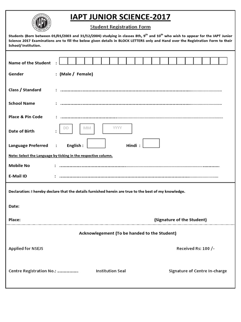Iapt Junior Science-2017: Student Registration Form | PDF