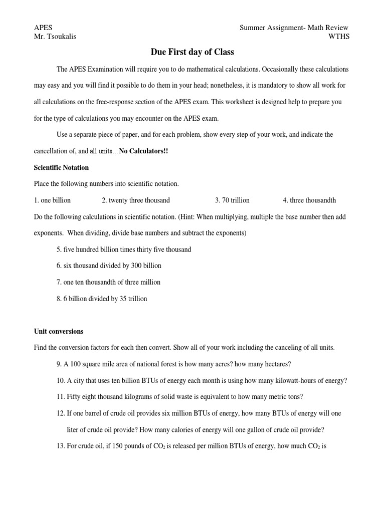 Due First Day of Class: Apes Summer Assignment-Math Review Mr ...