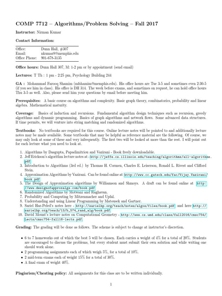 Fall 2017 Algorithms Course Syllabus | PDF | Algorithms | Applied ...