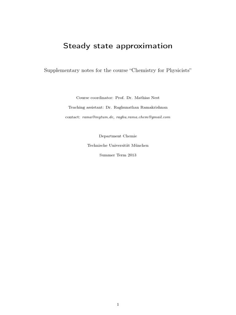 Steady State Approximation: Supplementary Notes For The Course ...