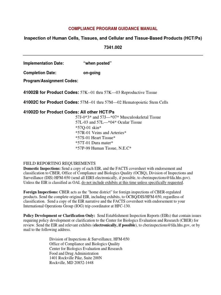 HCT/Ps Compliance Inspection Guide | PDF | Food And Drug Administration | Organ Transplantation