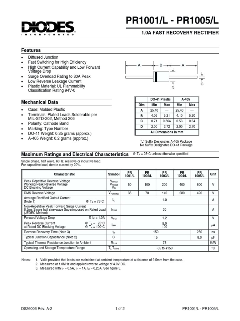 PR1001/L - PR1005/L: 1.0A Fast Recovery Rectifier | Download Free PDF ...