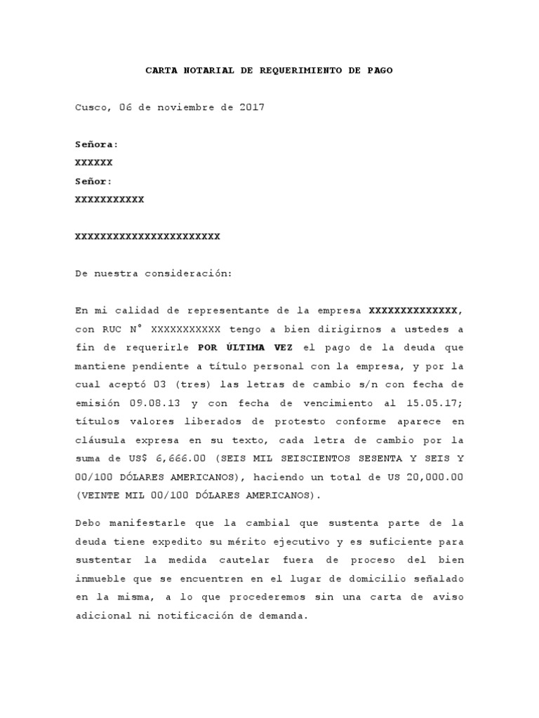 Carta Notarial de Requerimiento de Pago | PDF