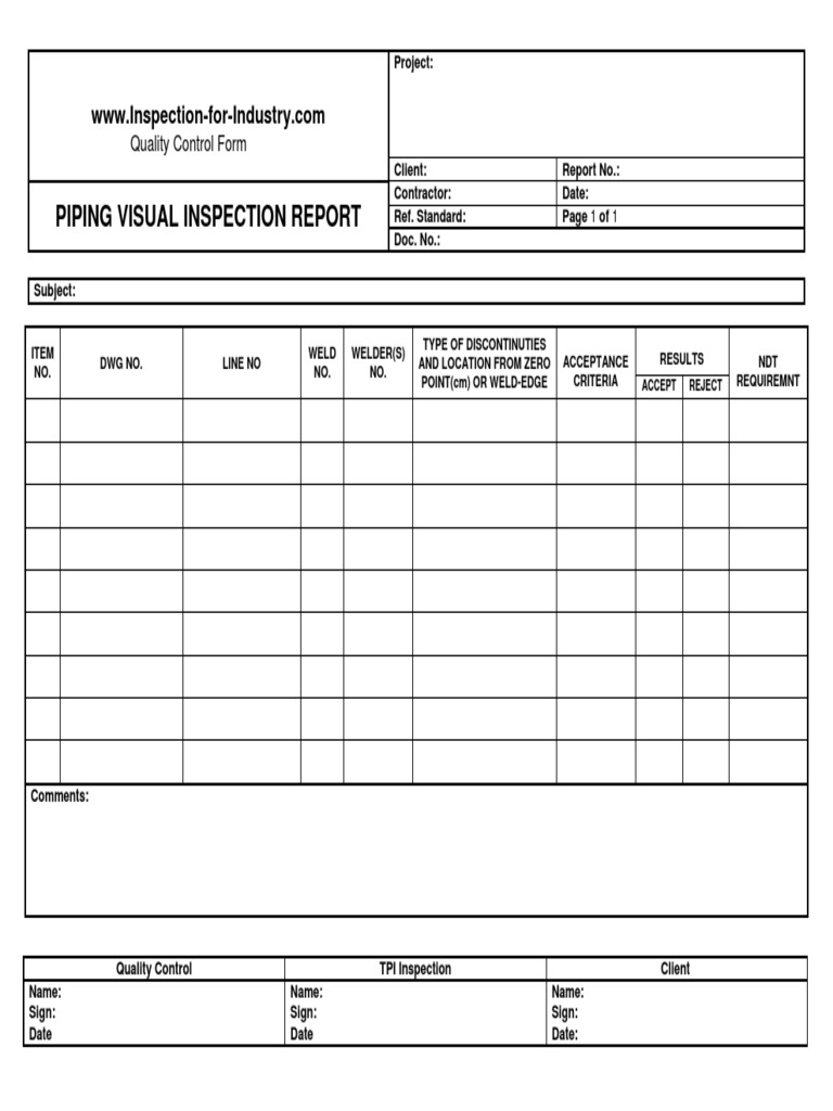 Piping Visual Quality Control and Inspection Report Form PDF | PDF