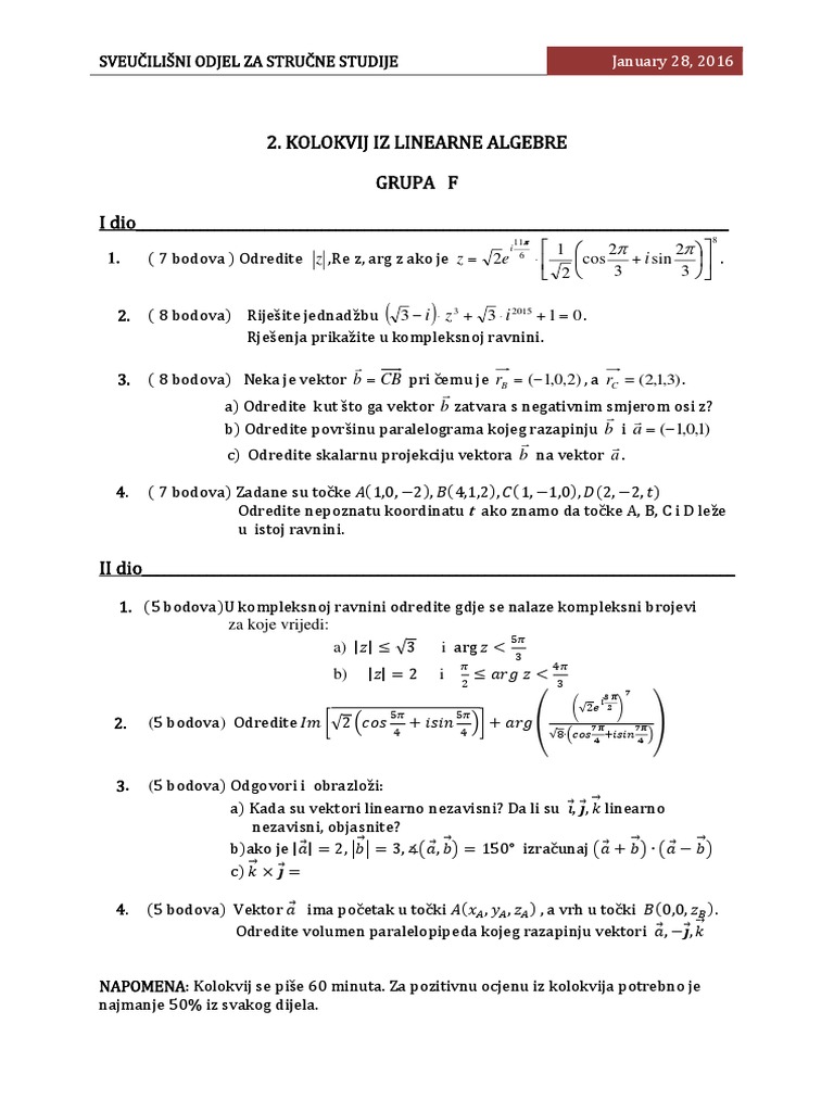 Primjer Kolokvija Matematika | PDF