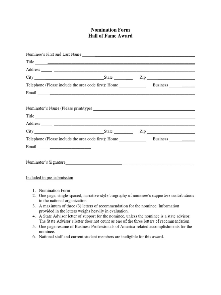 1 Hof Nomination Form | PDF | Career & Growth
