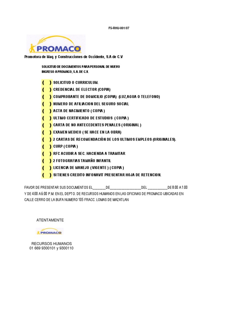 Requisitos para Contratacion Promaco | PDF