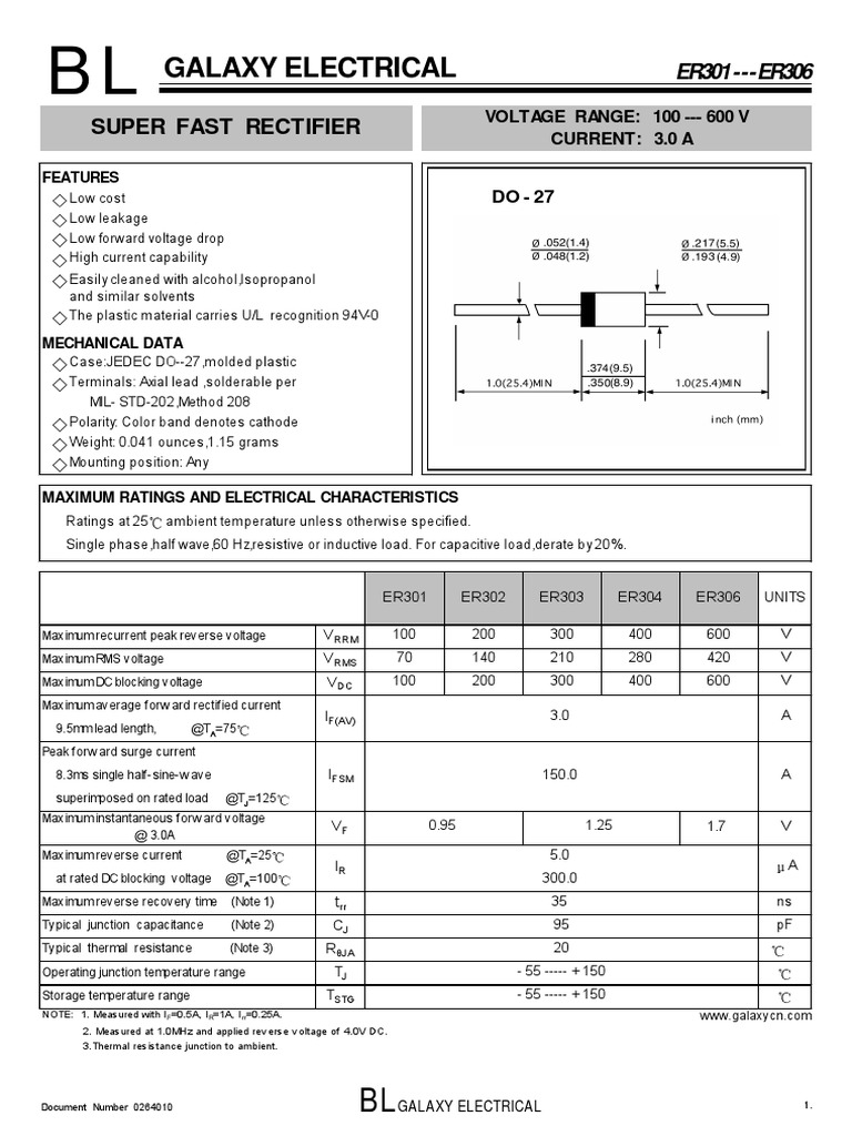 Spec Sheet for BL GALAXY Fast Rectifiers Ranging from 100V to 600V (3A ...