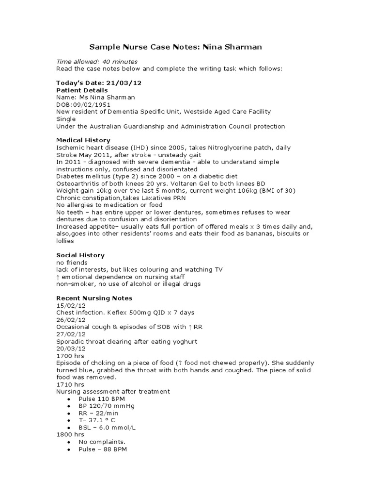 Sample Nurse Case Notes and Letter | Grammatical Number | Dietitian ...