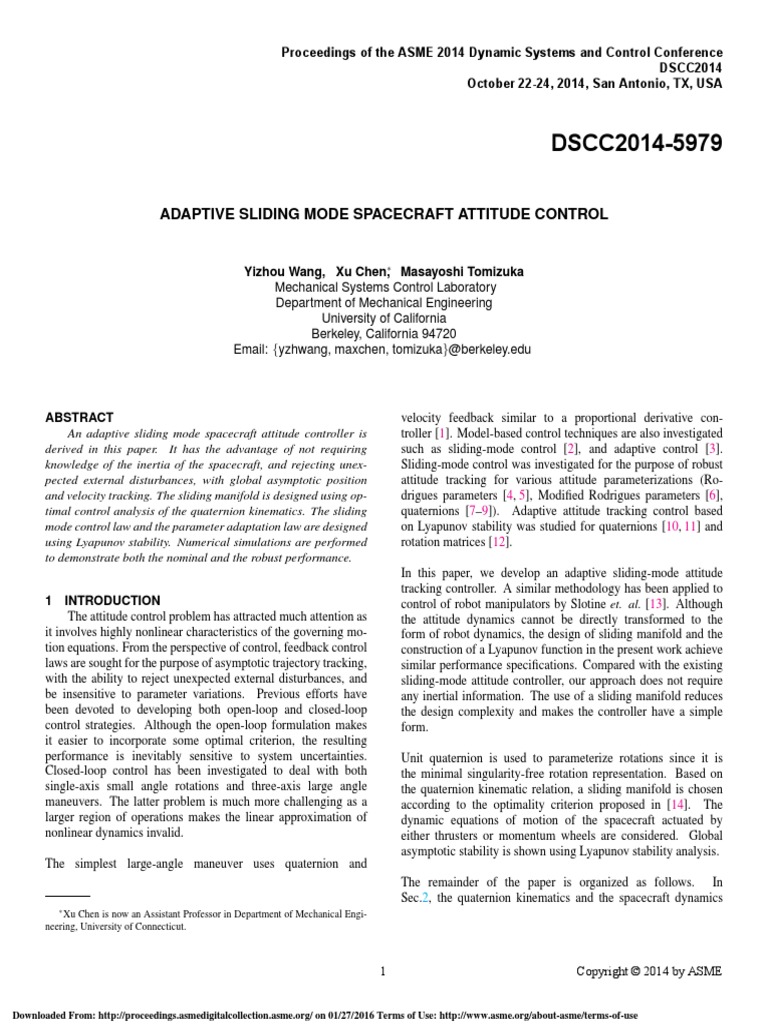 Adaptive Sliding Mode Spacecraft Attitude Control Pdf Control