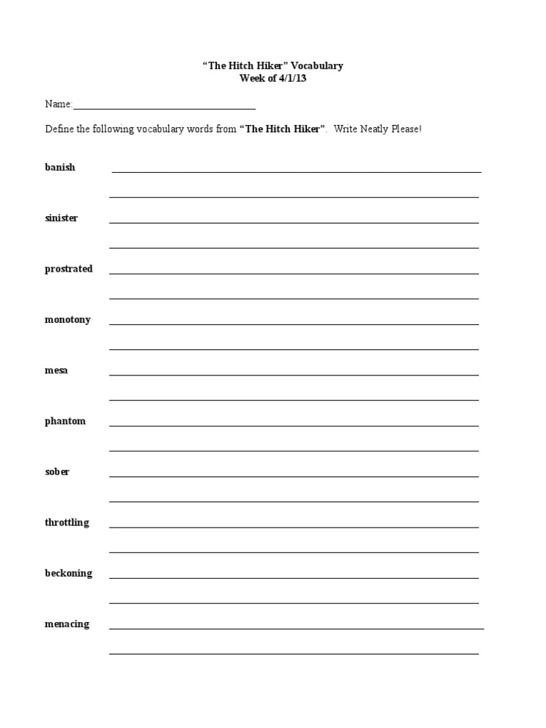 Vocabulary for "The Hitch Hiker" | PDF | Career & Growth | Sports ...