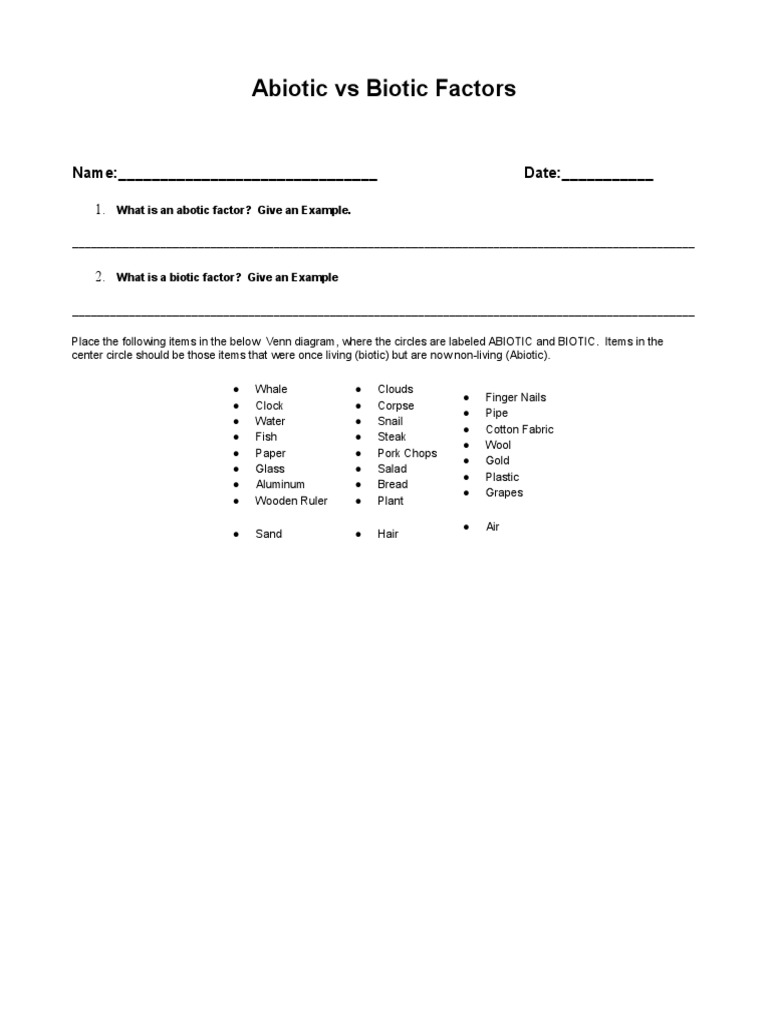 Abiotic Vs Biotic Factors Worksheet | PDF