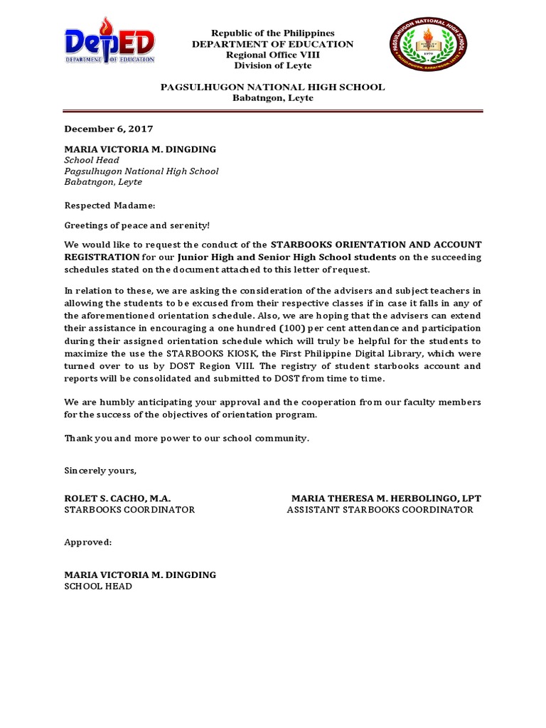 Letter of Orientation DOST Starbooks 2017 | Schools | Further Education