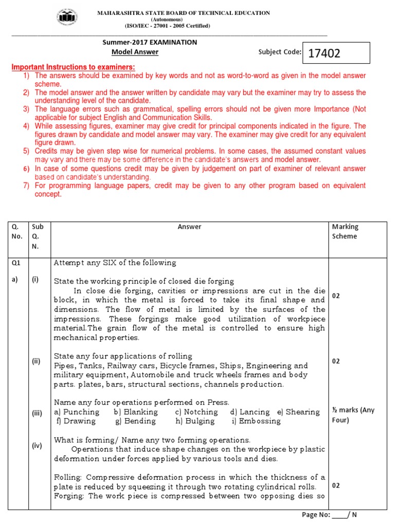 17402 2017 Summer Model Answer Paper | Welding | Chemistry