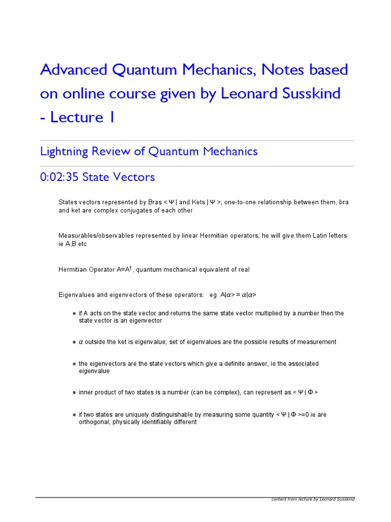Advanced Quantum Mechanics, Notes Based On Online Course Given by ...